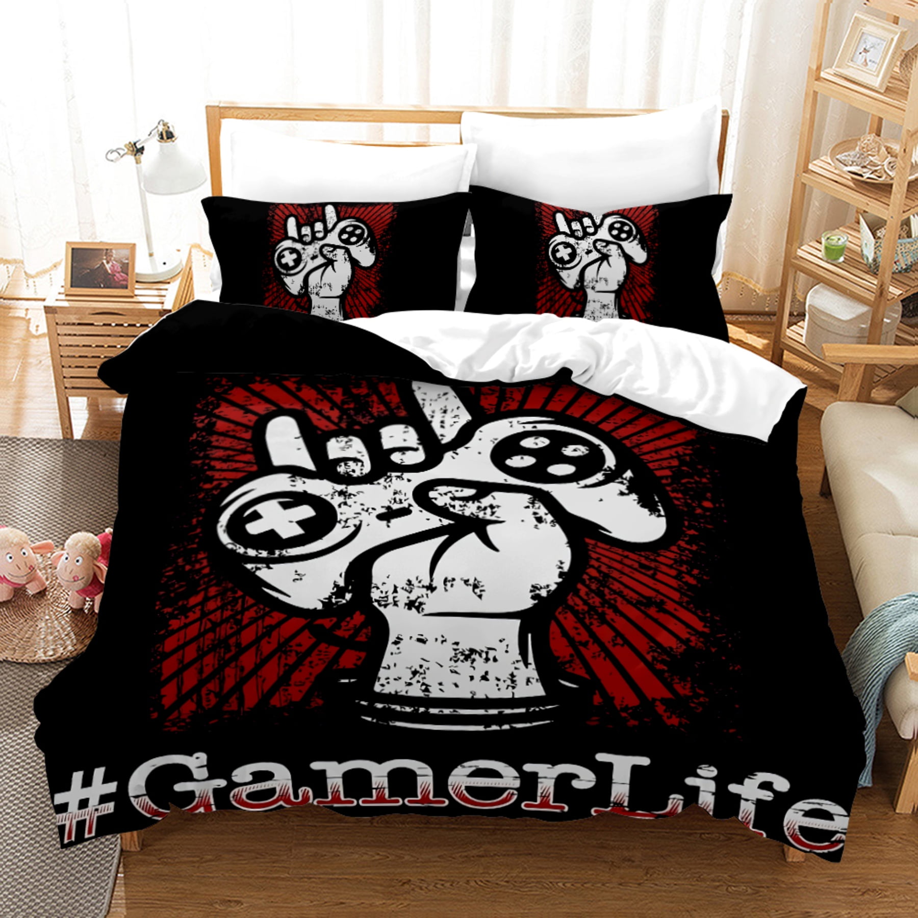 Bold Grunge Gamer Bedding Set Hand Holding Controller Red & Black Duvet ...