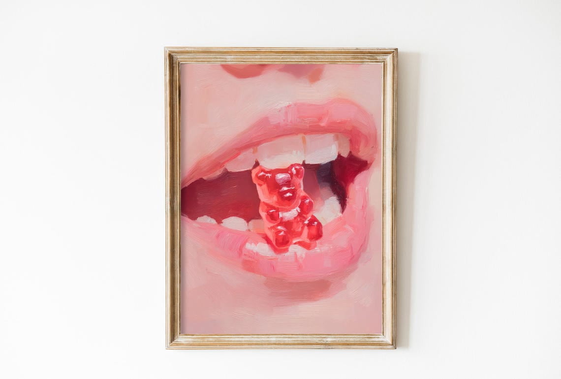 Bold Gummy Bear Candy Lips Pink Y2K Home Wall Decor, Stretched Canvas ...