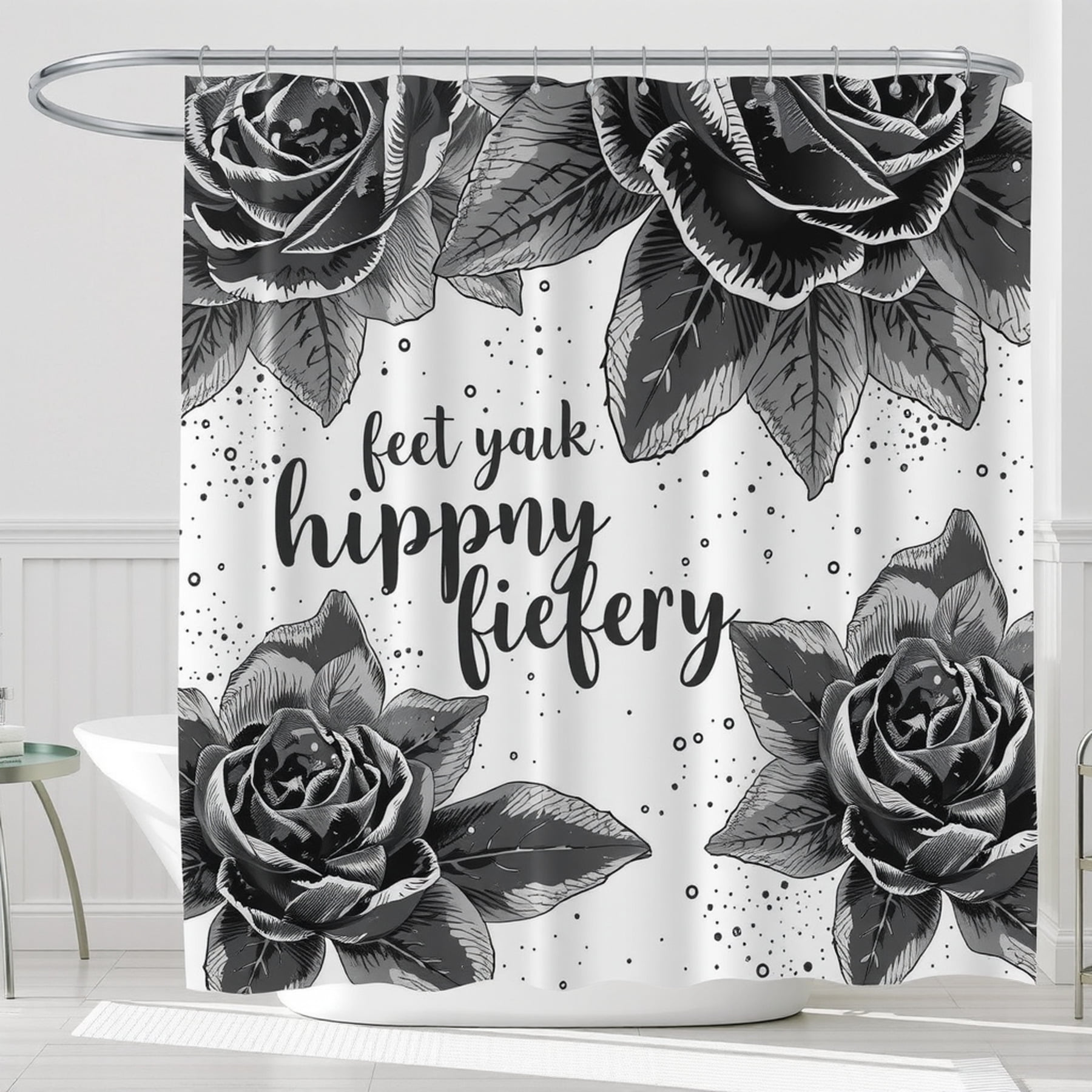 Bold Handwritten "Feet Yak Hippny Fiefery" Shower Curtain with Roses ...