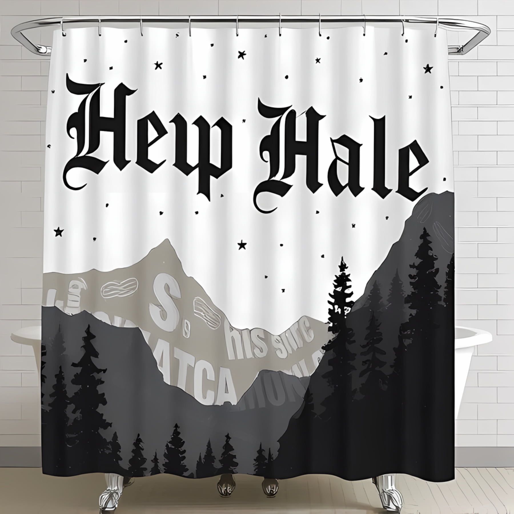 Bold " Heyp Hale " Shower Curtain with Starlit Sky and Layered Mountain ...