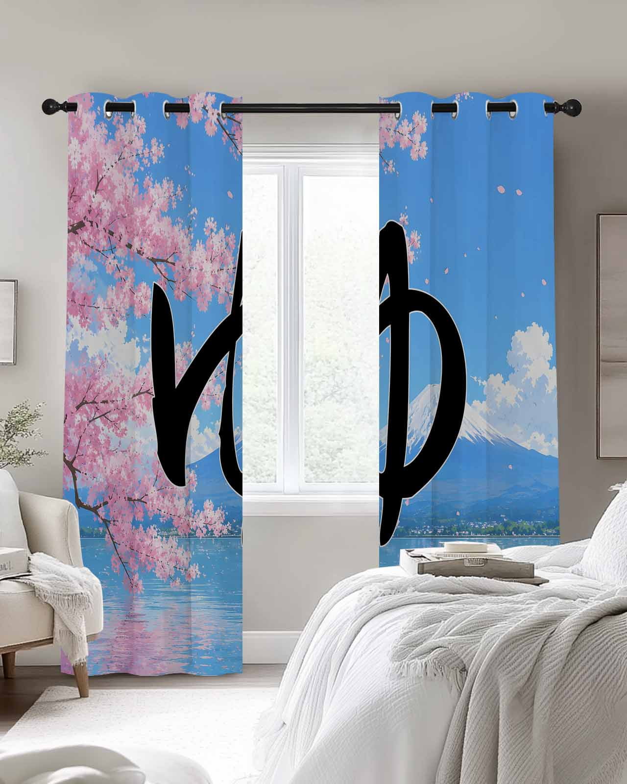 Bold Ink Script Blackout Curtains 2 Panels, Japandi Blue Sky Mount Fuji ...