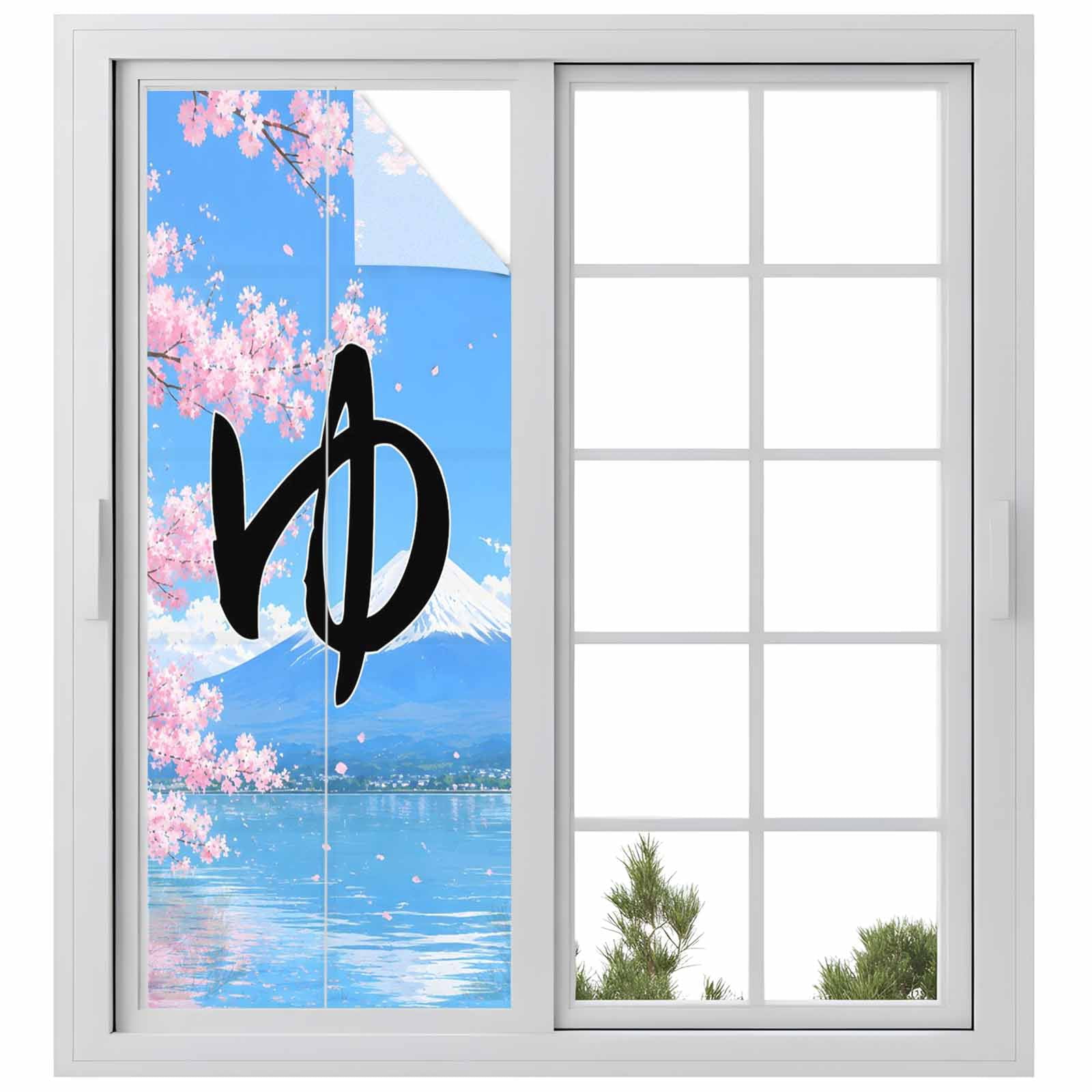 Bold Ink Script Window Privacy Film Japandi Blue Sky Mount Fuji Cherry ...