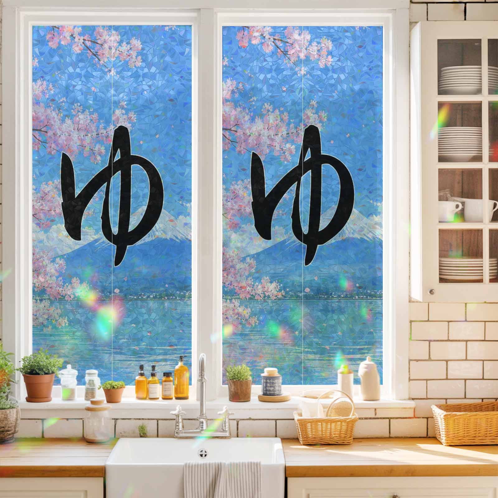 Bold Ink Script Window Privacy Film Japandi Blue Sky Mount Fuji Cherry ...