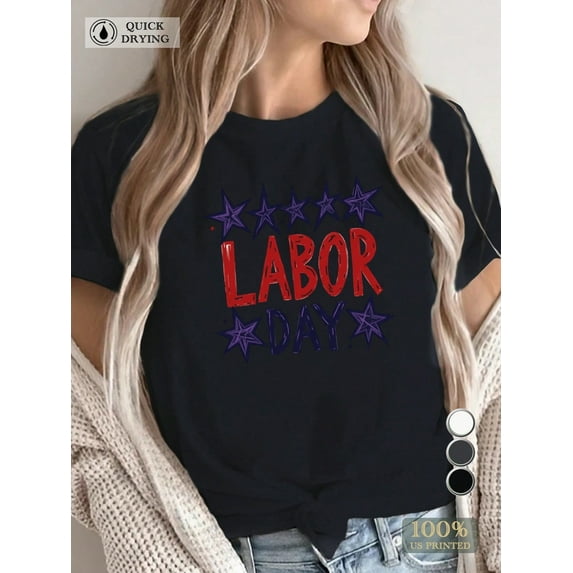 Bold Labor Day Text With Stars Women's Comfit Round Neck Short Sleeve T ...