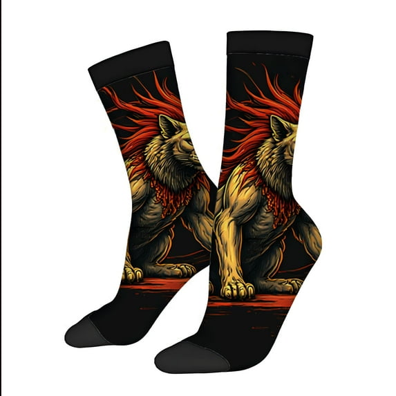 Bold Lion Design Socks Fierce Orange & Yellow Lion on Black Background ...