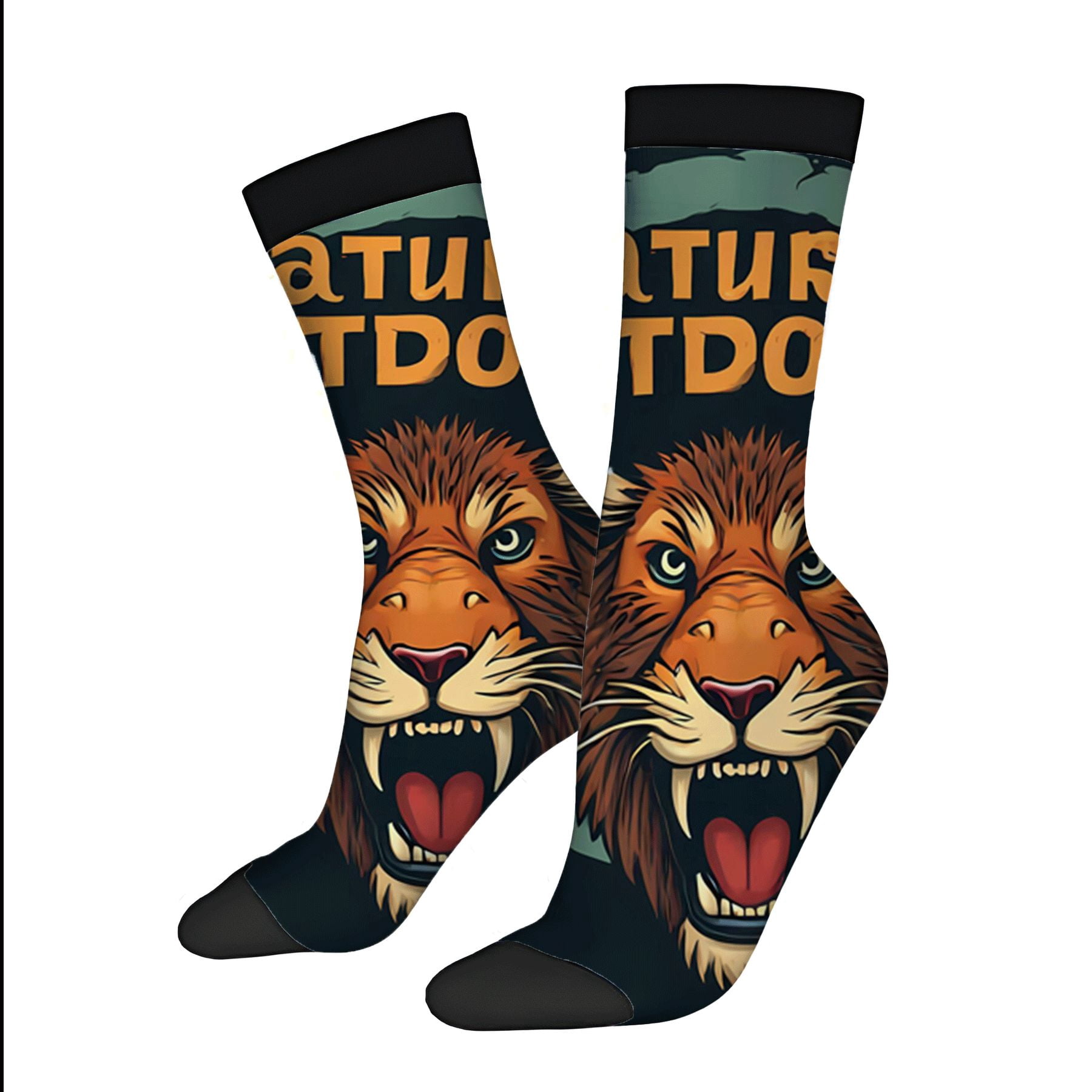 Bold Lion Face Socks - Fierce Design with ' NATURE ' Text Unisex Trendy ...