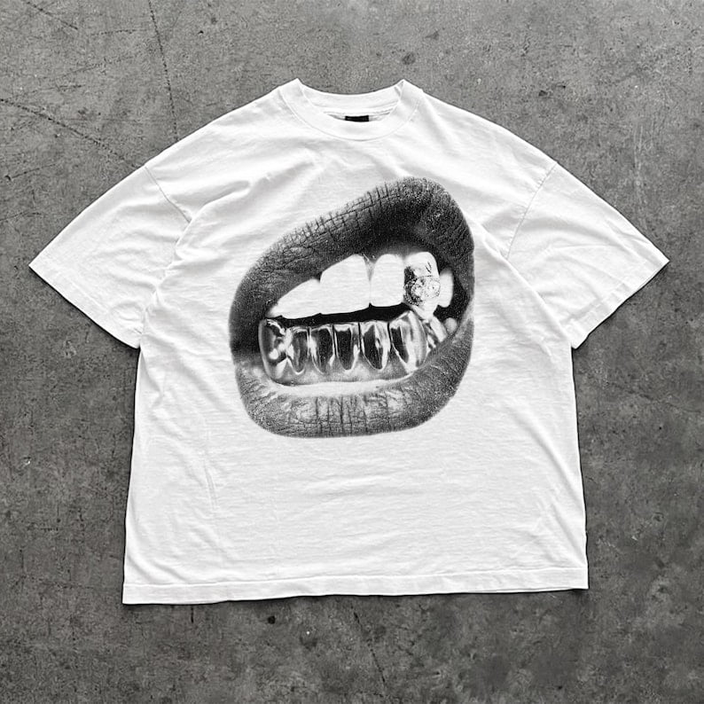 Bold Lips and Chrome Grills Graphic Tee with Urban Streetwear Artwork ...