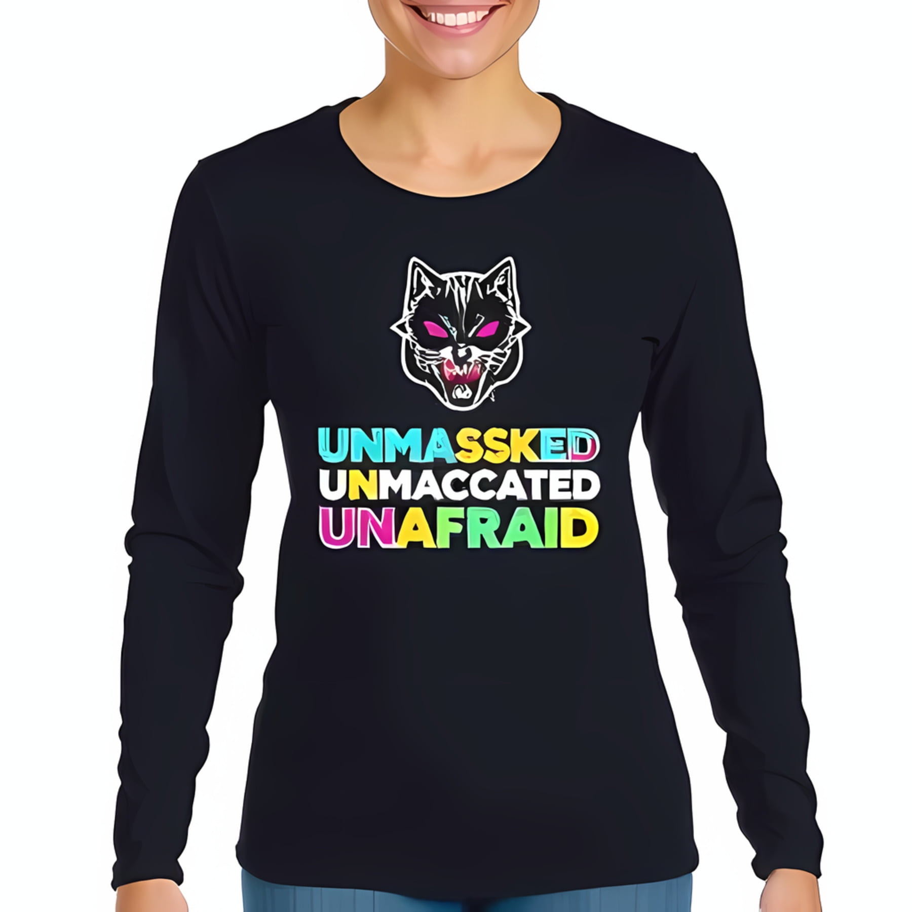 Bold Long Sleeve T-Shirt with Snarling Cat Graphic & " UNMASKED ...