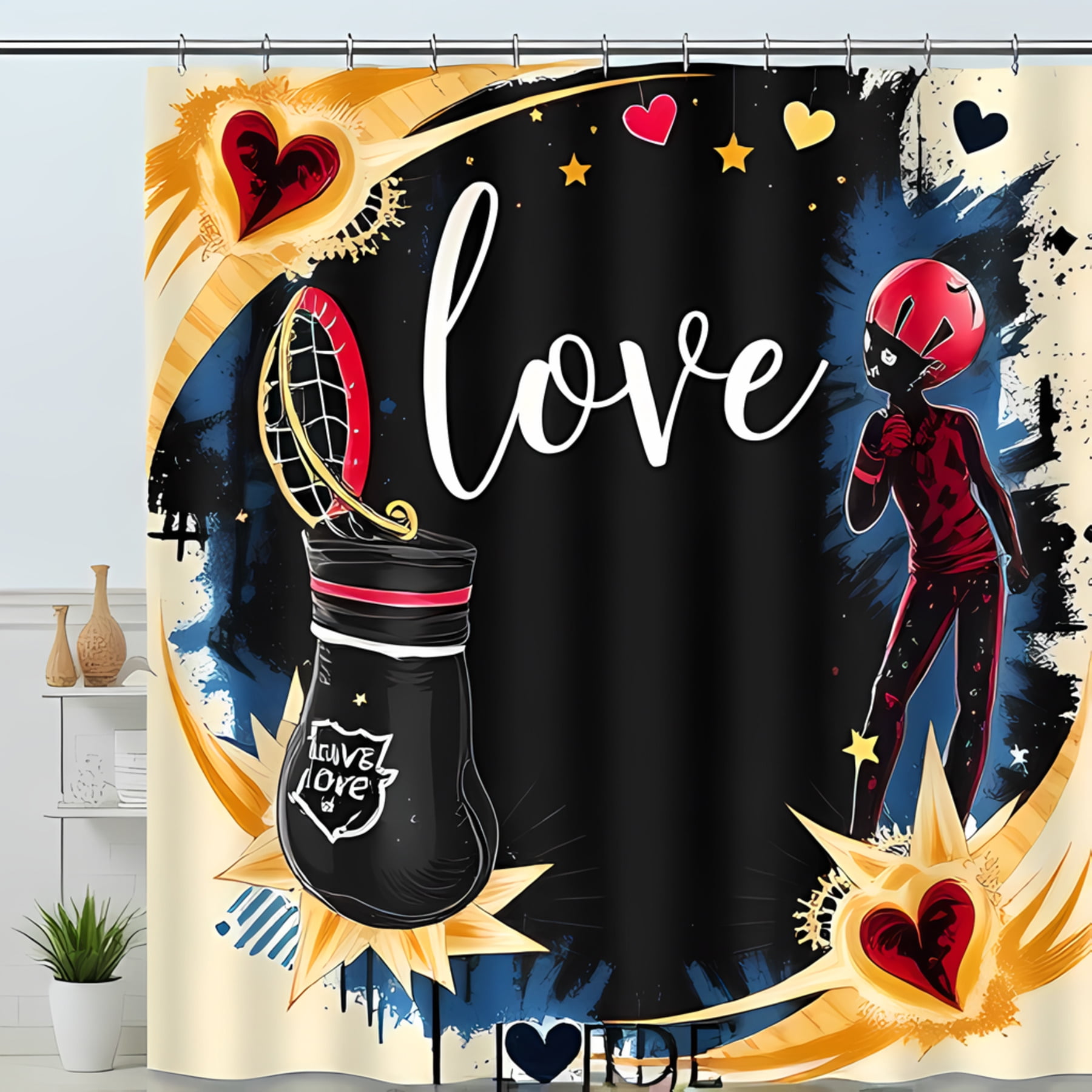 Bold Love Sport Shower Curtain with Elegant Script Boxing Gloves Moon ...
