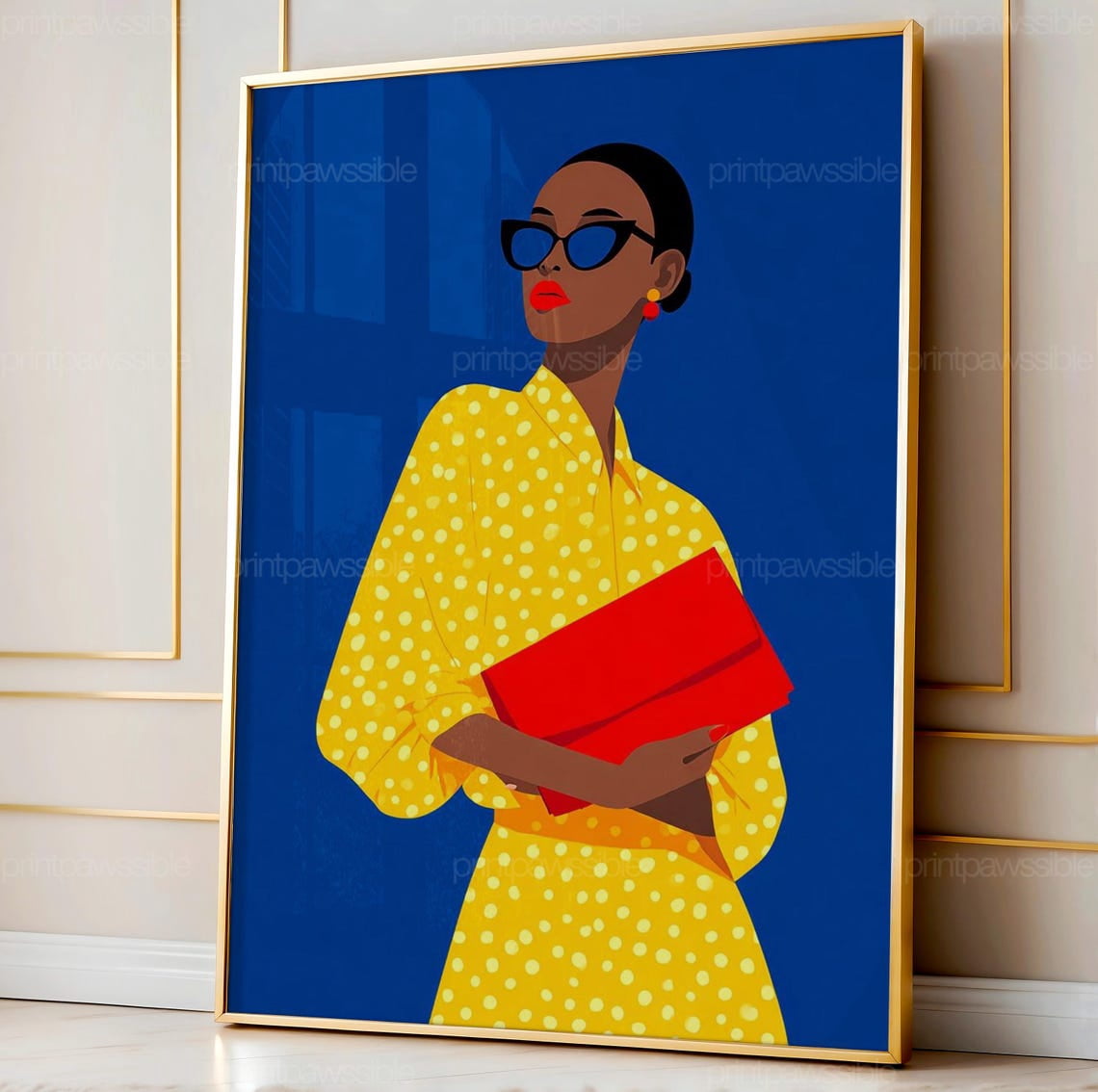 Bold Modern Fashion Illustration Yellow Polka Dot Chic Woman Cobalt ...