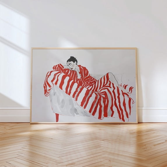 Bold Modern Striking Line Drawing Painting Of Woman In Red Striped ...