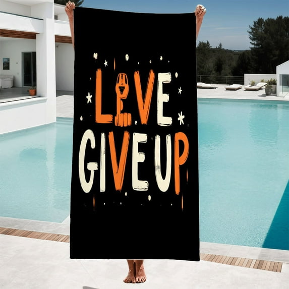 Bold Motivational Beach Towel - " LOVE GIVE UP " Design with Orange ...