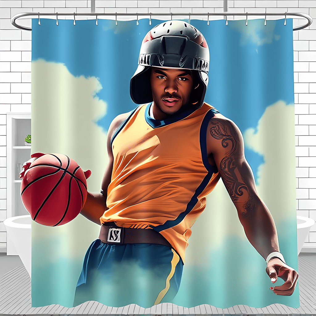 Bold Muscular Basketball Player Shower Curtain - Vibrant Blue Sky ...