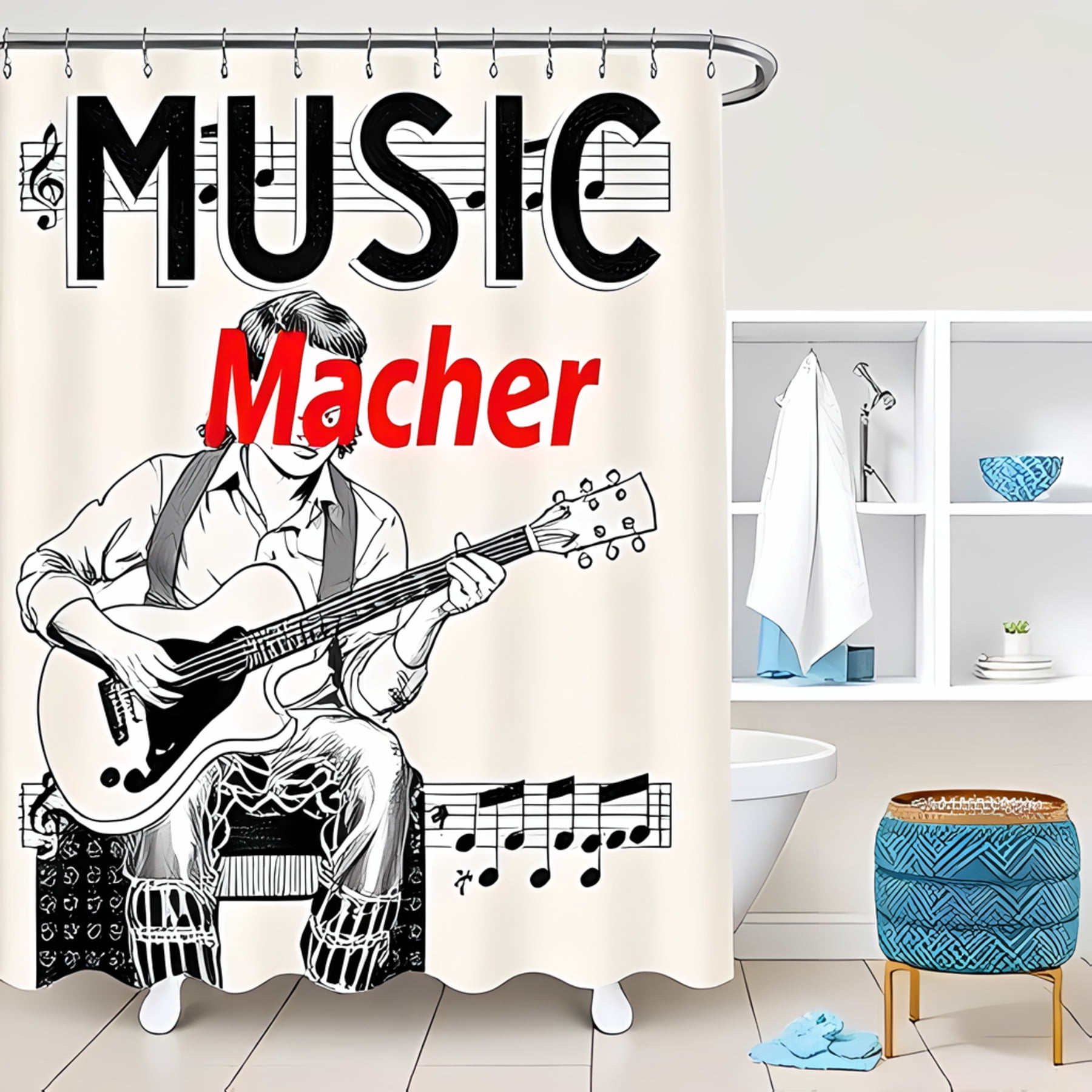 Bold Music Themed Shower Curtain with Guitarist Illustration & Musical ...