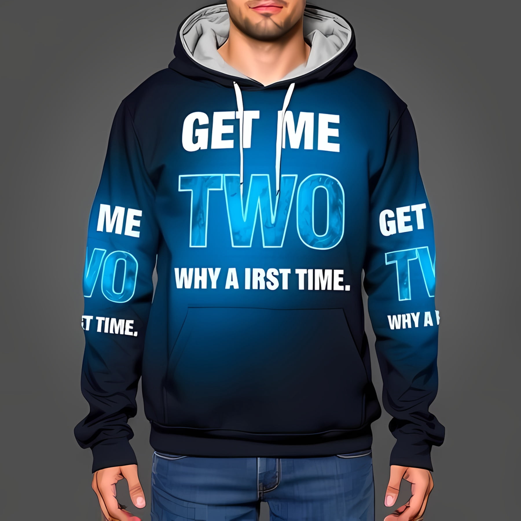 Bold Navy Blue 3D Hoodie with Icy Blue Graphic - "Get Me Two Why a ...