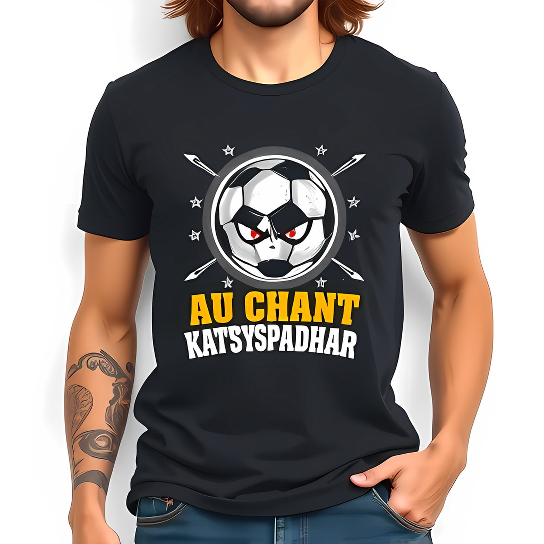 Bold Navy Blue Soccer T-Shirt with Angry Soccer Ball Graphic "AU CHANT ...