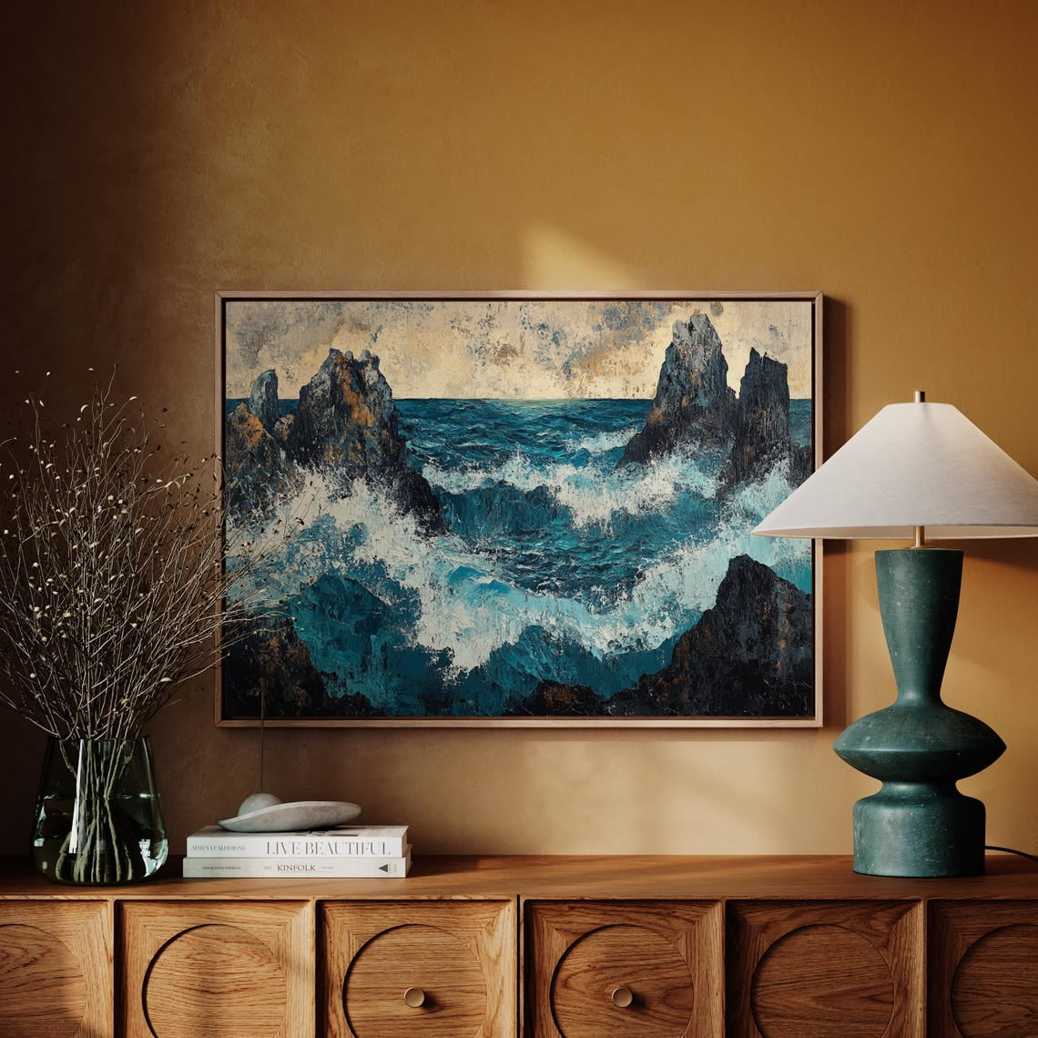 Bold Ocean Seascape With Crashing Waves And Majestic Rocks, Abstract ...