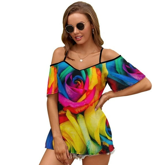 Bold Of Roses Women's T-Shirt New Fashion Printed Zipper V-Neck Short ...