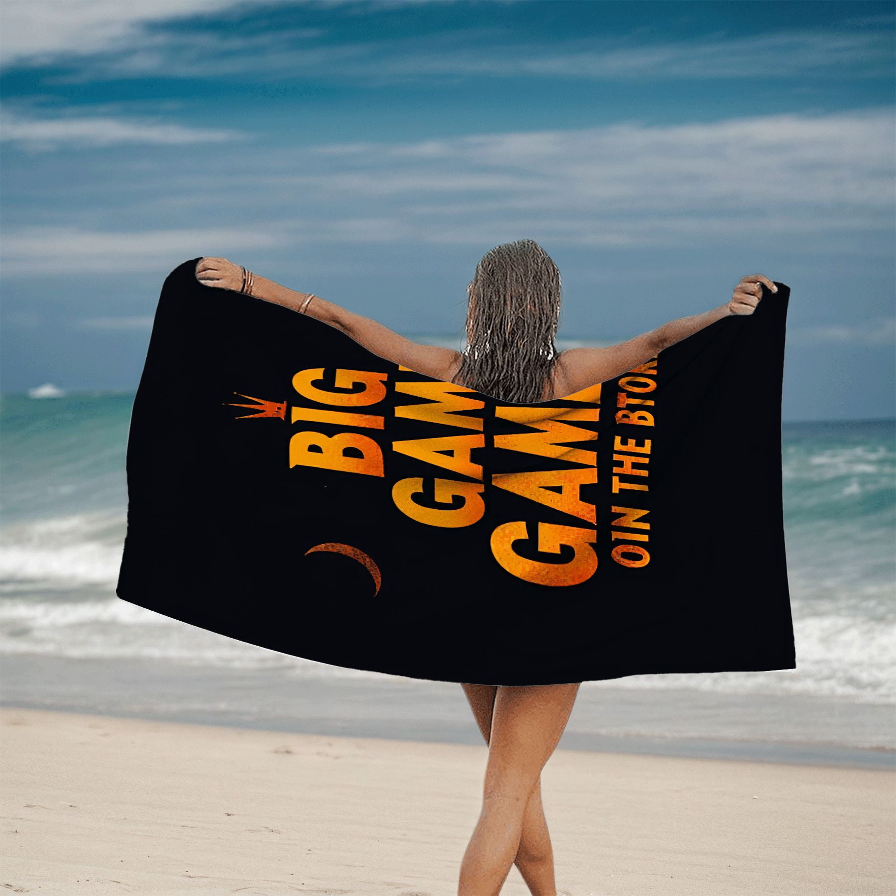 Bold Orange Text Beach Towel with Crown Design - Fun Crescent Moon ...
