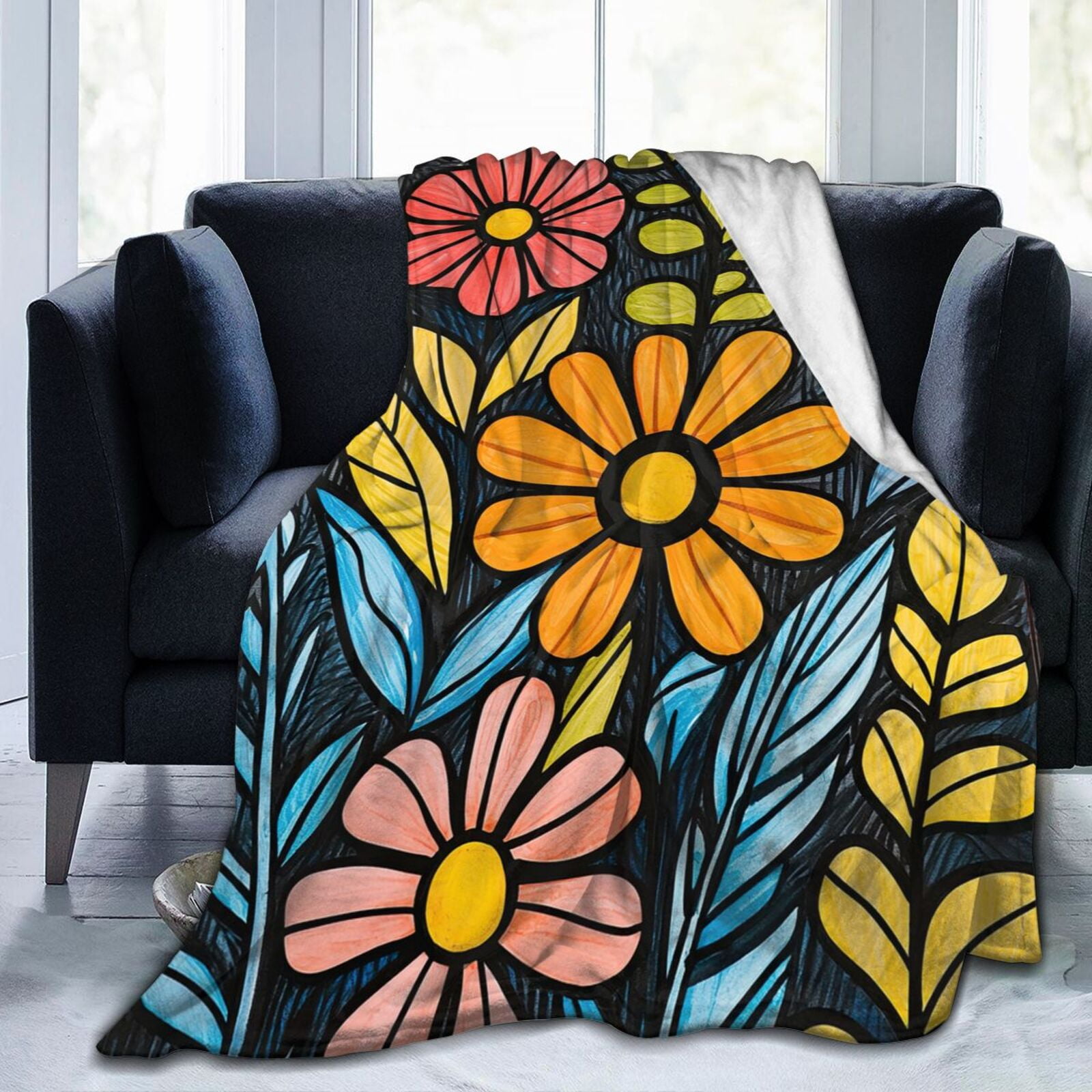 Bold Outline Doodle Floral Throw Blanket Ultra Soft Cozy Decorative ...