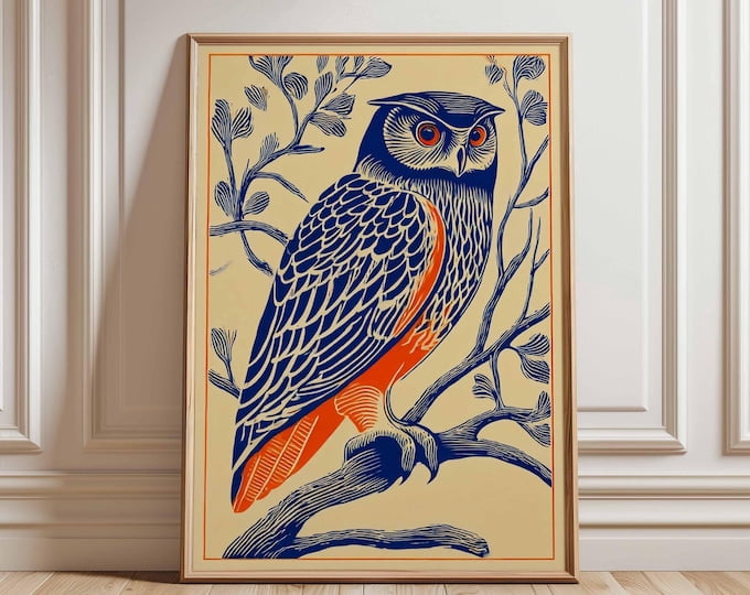 Bold Owl Navy And Orange Graphic Owl Wall Art Print, Unframed Paper ...