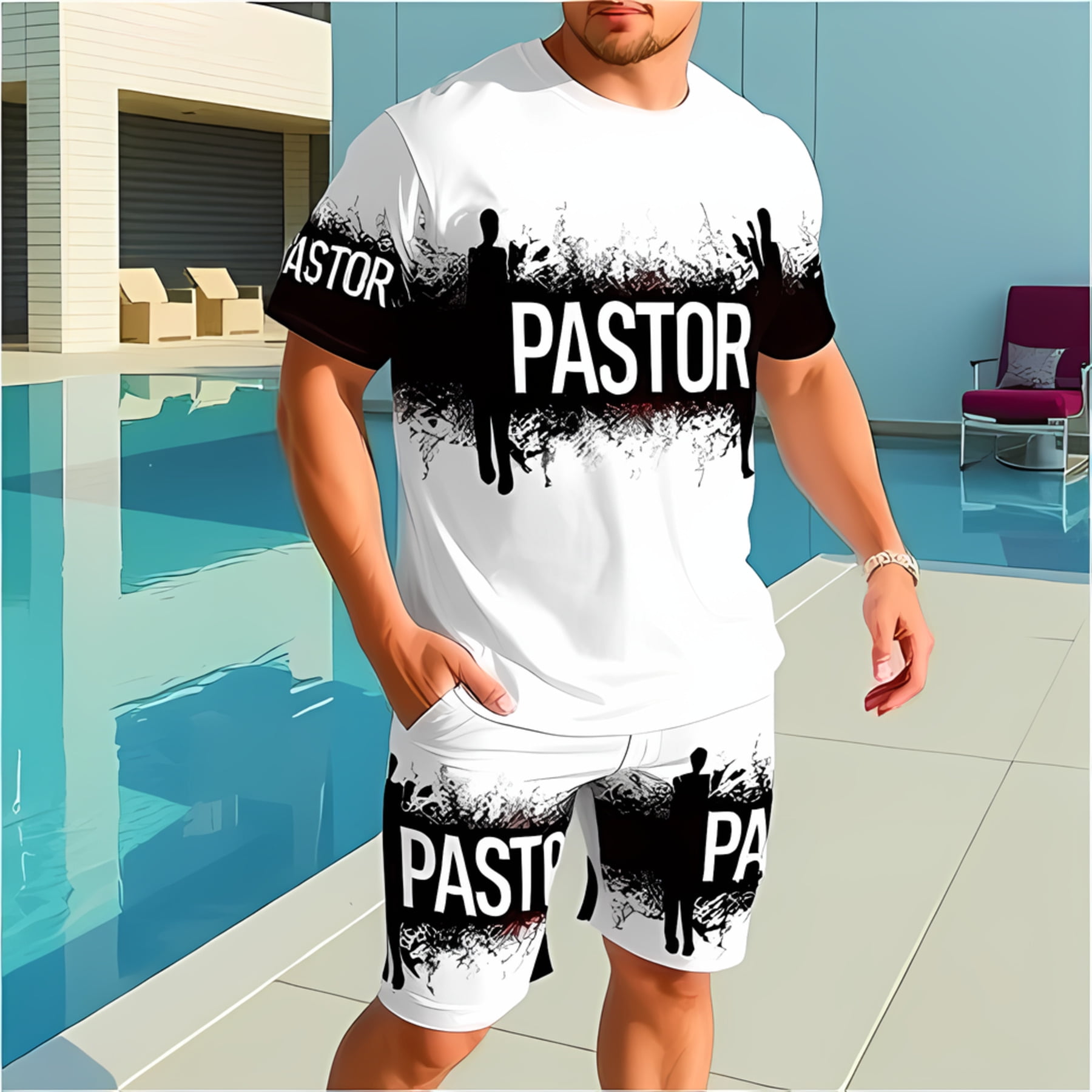 Bold " PASTOR " Graphic T-Shirt and Shorts Set - Urban Style with Black ...