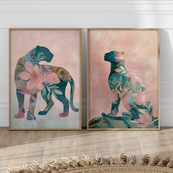 Bold Panther Silhouette with Floral Patterns Pink Teal Jungle Art ...