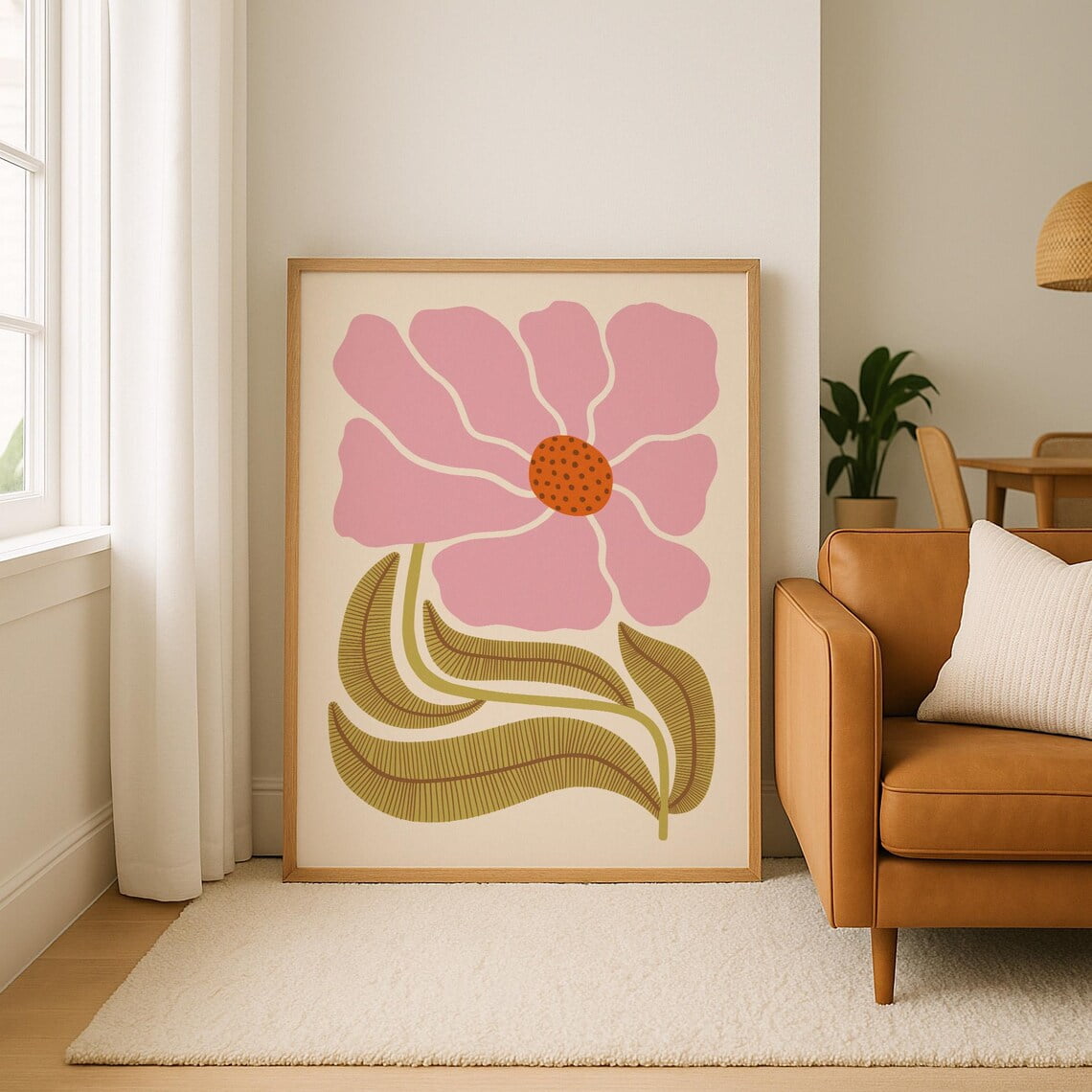 Bold Pink Flower Wall Art– Retro Botanical Print With Orange Center And ...