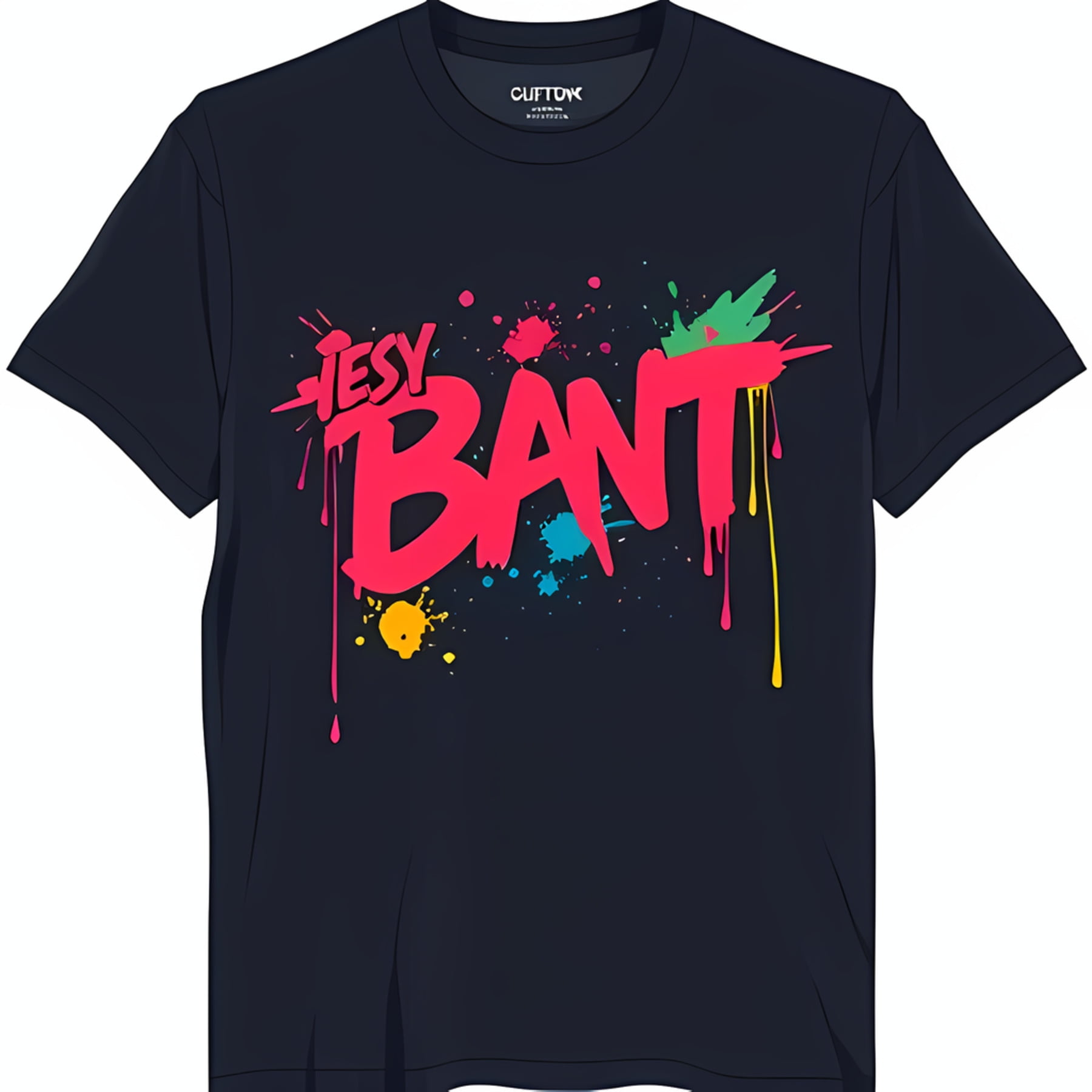 Bold Pink 'Jessy Bant' Graphic on Black T-Shirt with Colorful Splatter ...