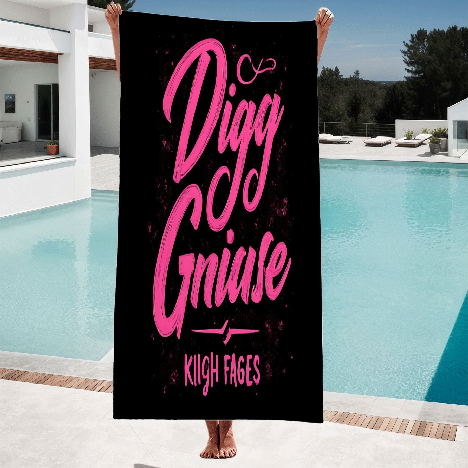 Bold Pink Script Beach Towel - " Digg Gnuse " & " KILH FAGES " Design ...