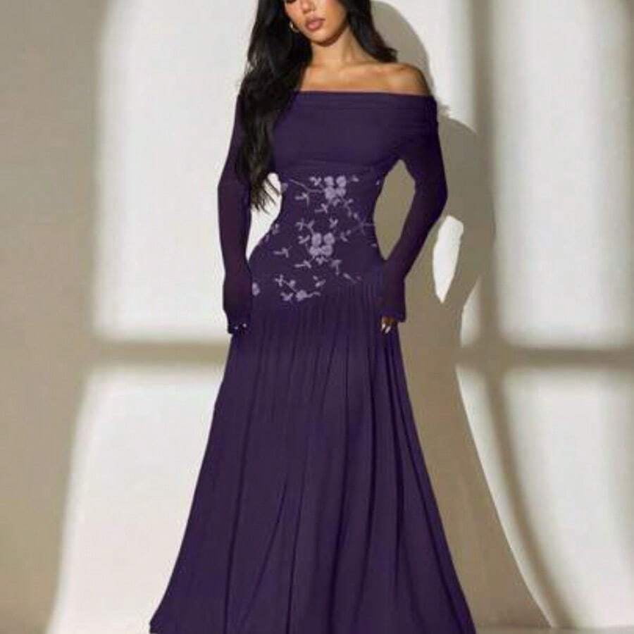 Bold Plum Off-Shoulder Long-Sleeved Embroidered Mesh Spliced ...