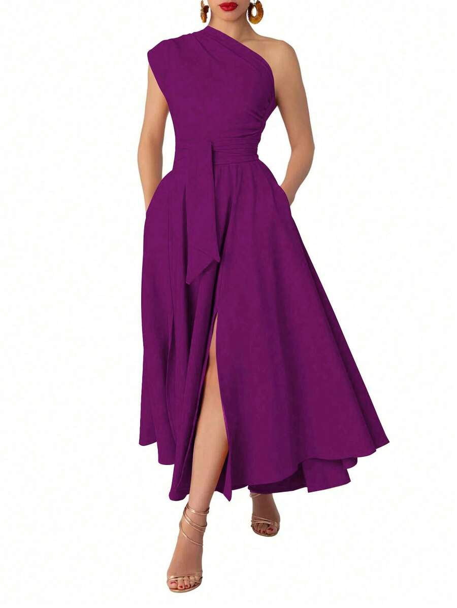 Bold Plum One Shoulder Sleeveless Maxi Dress With Side Slit And Belted ...