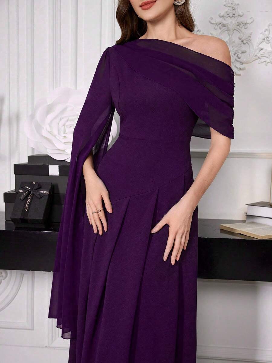 Bold Plum Womens One Shoulder Draped Maxi Dress With Sheer Overlay ...