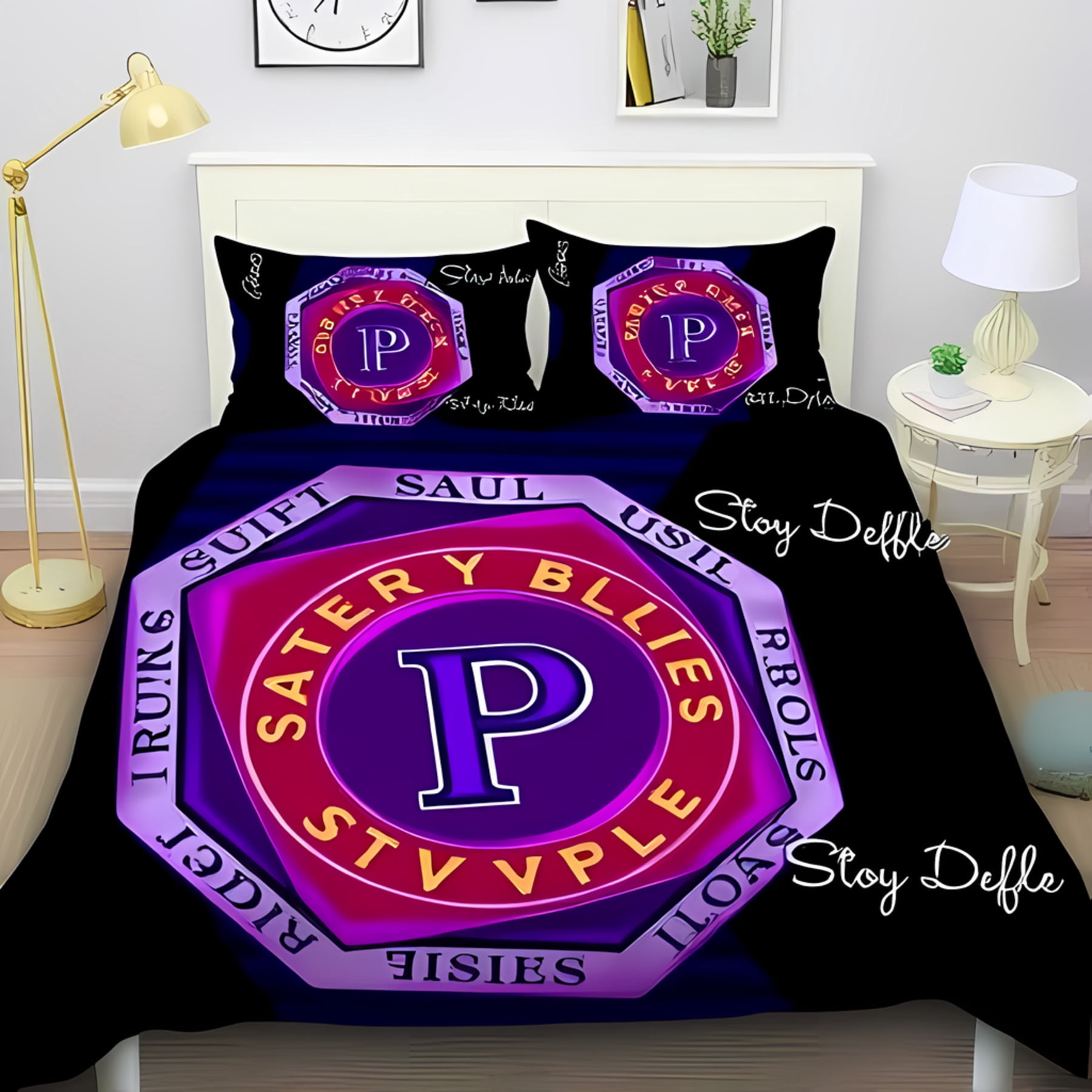 Bold Purple & Pink Octagonal 3-Piece Duvet Cover Set with Central 'P ...
