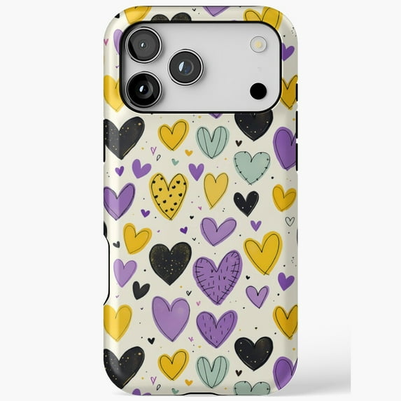 Bold Purple Yellow And Black Hearts iPhone Case 11 to 17 Pro Max ...