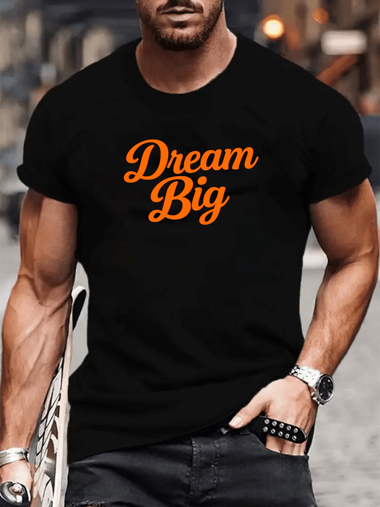 Bold Pursuit of Dreams: Orange Artistic Font Print, Men's Wear, Round ...
