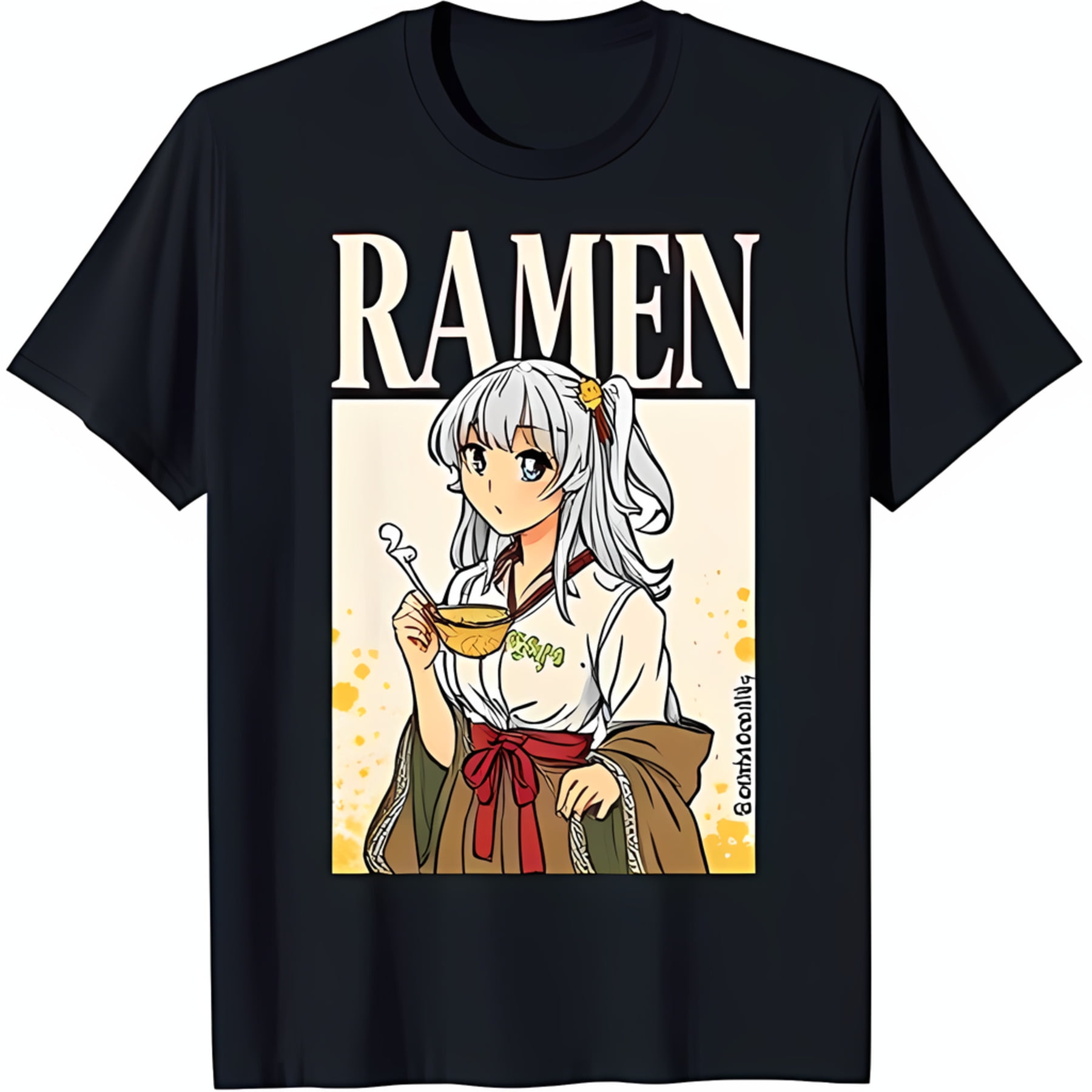 Bold 'RAMEN' Graphic Black T-Shirt with Anime Character Enjoying Ramen ...