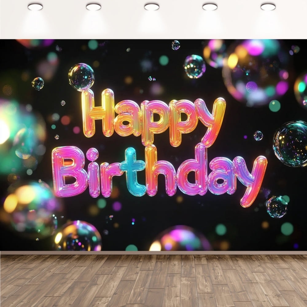 Bold Rainbow & Bubbles Photography Backdrop with Happy Birthday- Black ...