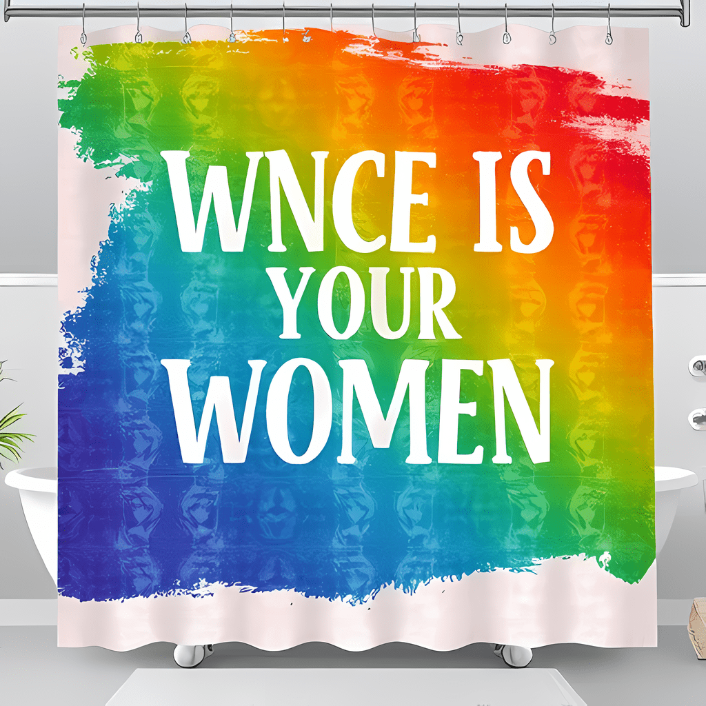 Bold Rainbow Shower Curtain with Provocative "WNCE IS YOUR WOMEN ...