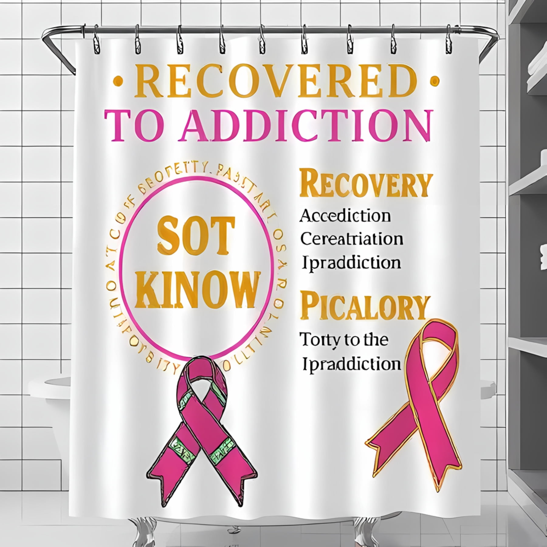 Bold 'Recovered to Addiction' Shower Curtain with Circular Design ...