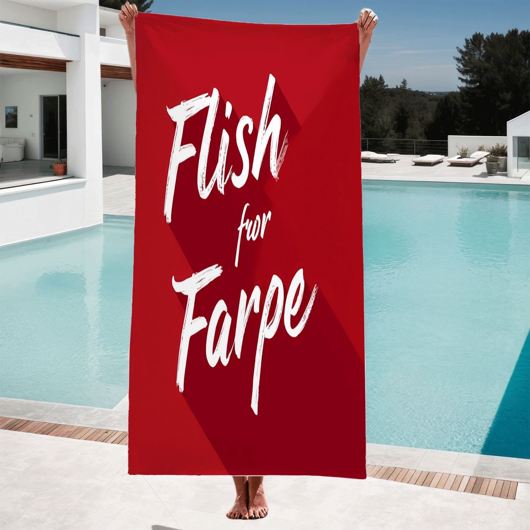 Bold Red Beach Towel with Cursive ' Flish for Farpe ' Design - Perfect ...