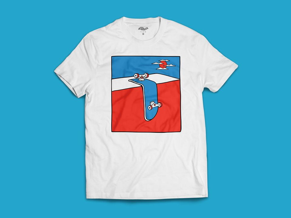 Bold Red Blue White Skateboard Graphic Tee Showing Curved Cartoon Skate ...