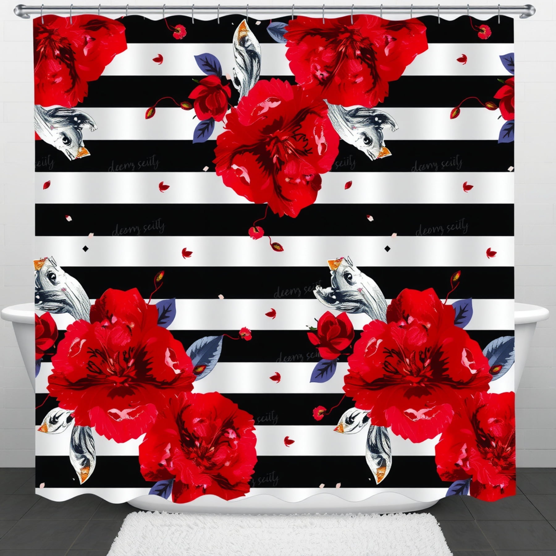 Bold Red Floral Shower Curtain with Black and White Stripes - Modern ...