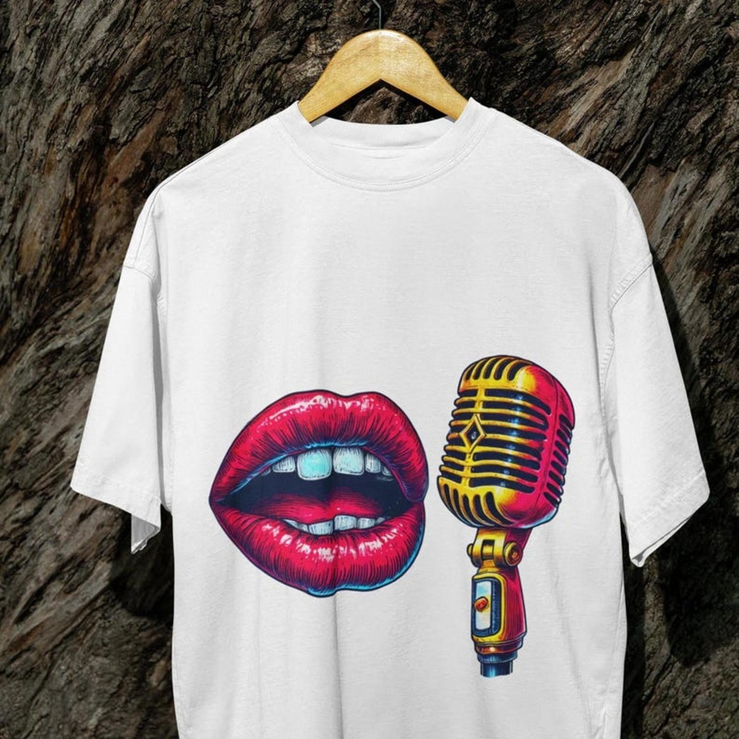 Bold Red Lips & Retro Microphone T-Shirt - Rock and Roll Vintage Music ...