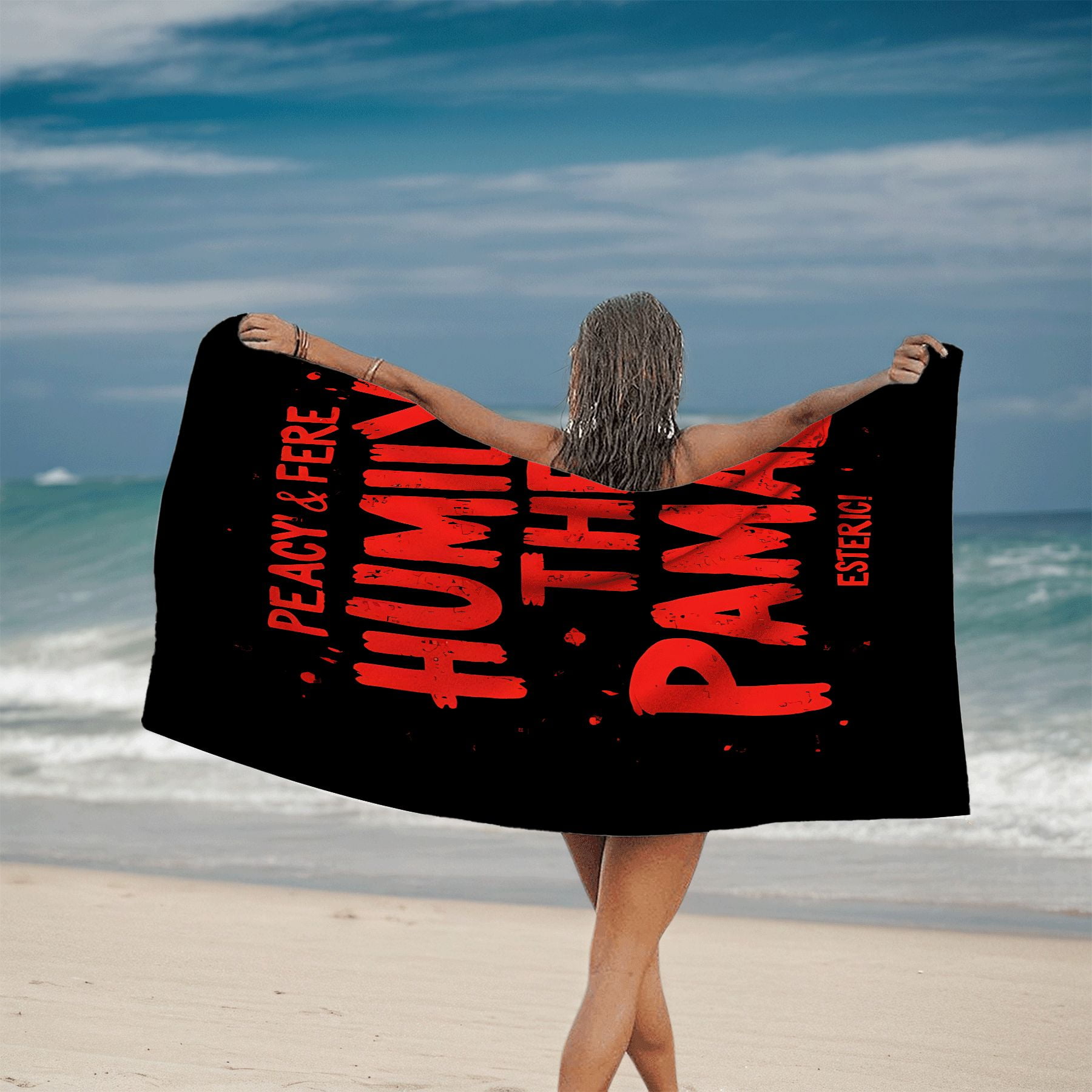 Bold Red Text Black Background Beach Towel - Playful Artistic Design ...
