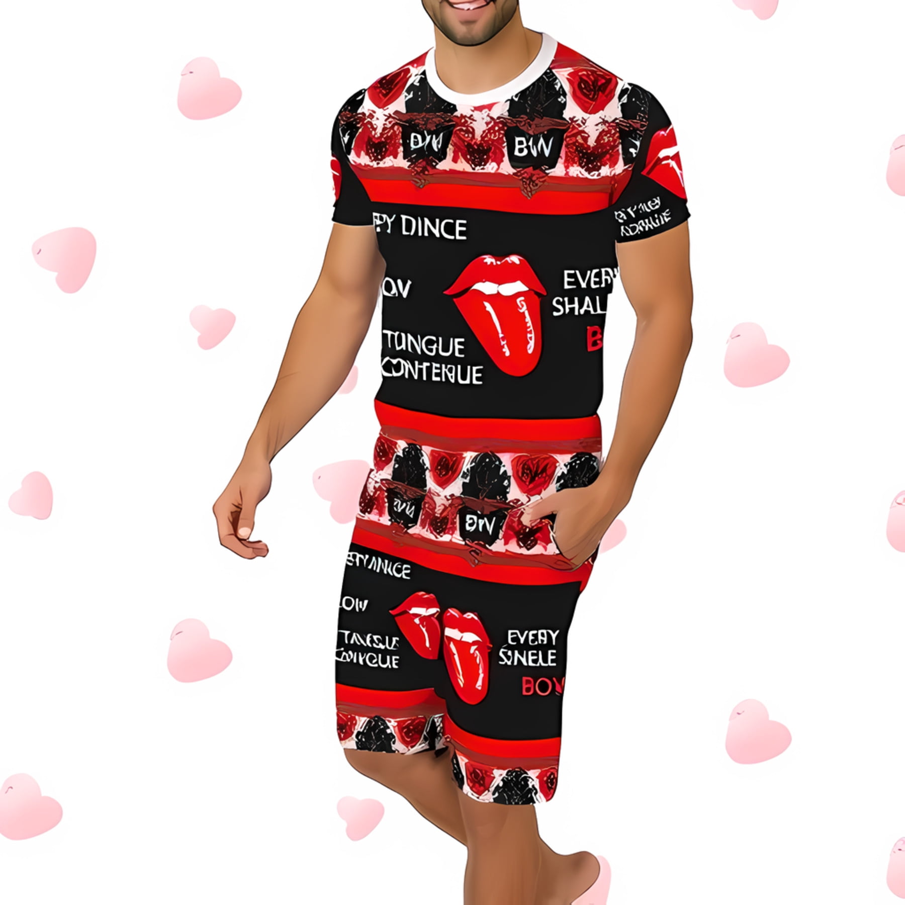 Bold Red and Black Tongue Pajama Set with Fun Phrases and Heart ...
