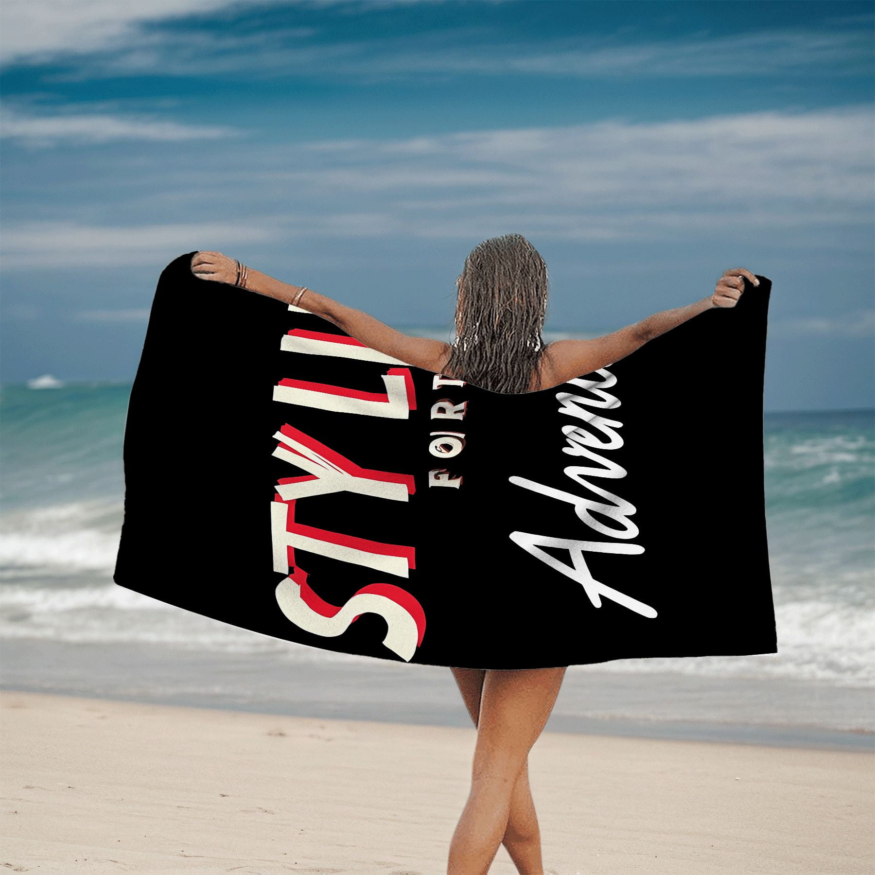 Bold Red and White ' STY LE FORTI ADVENTURE ' Graphic Beach Towel ...