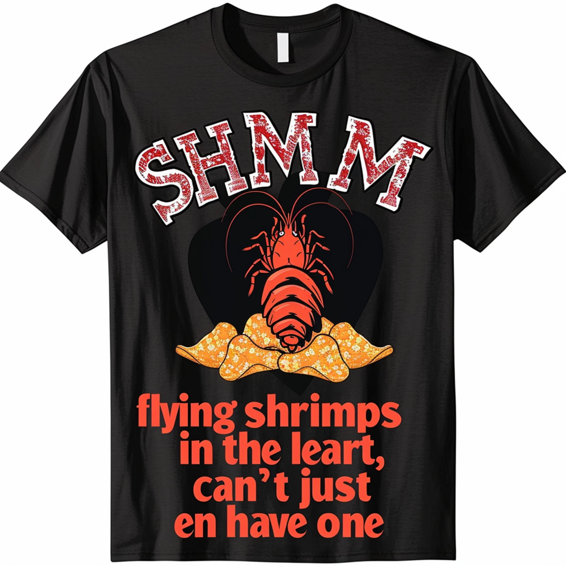 Bold SHIM Comic Book Letters Flying Shrimp Heart Design Black TShirt ...