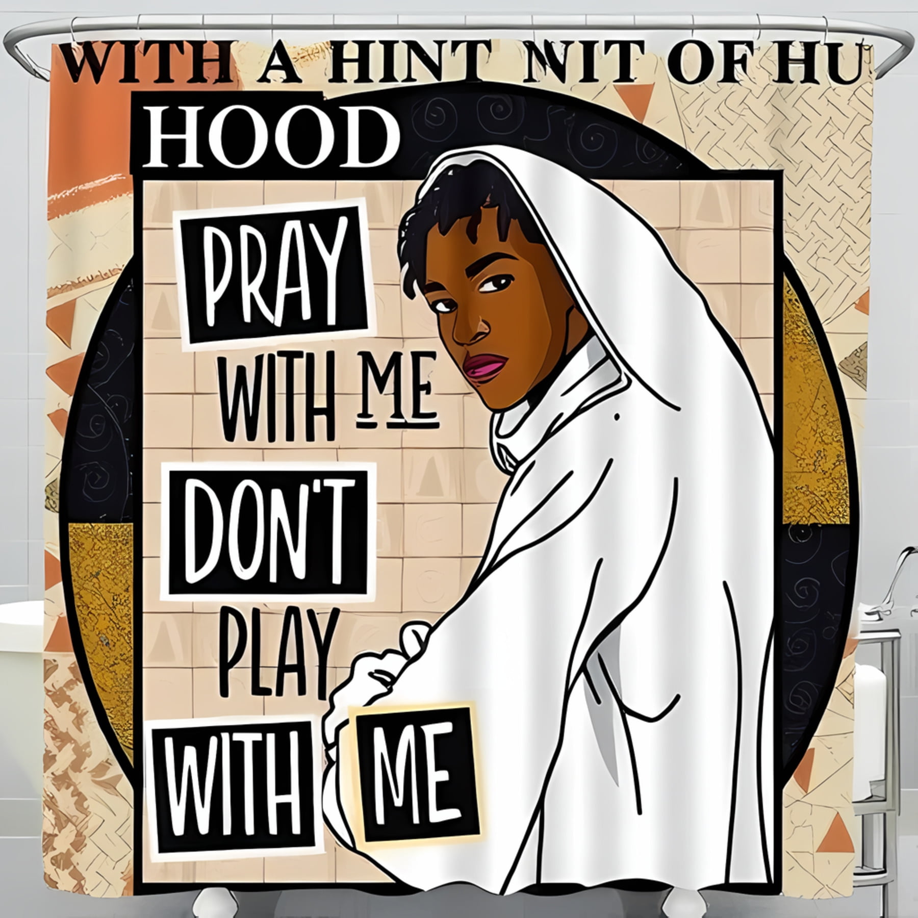 Bold Shower Curtain - Hooded Robe Design with Earthy Tones & Gold ...