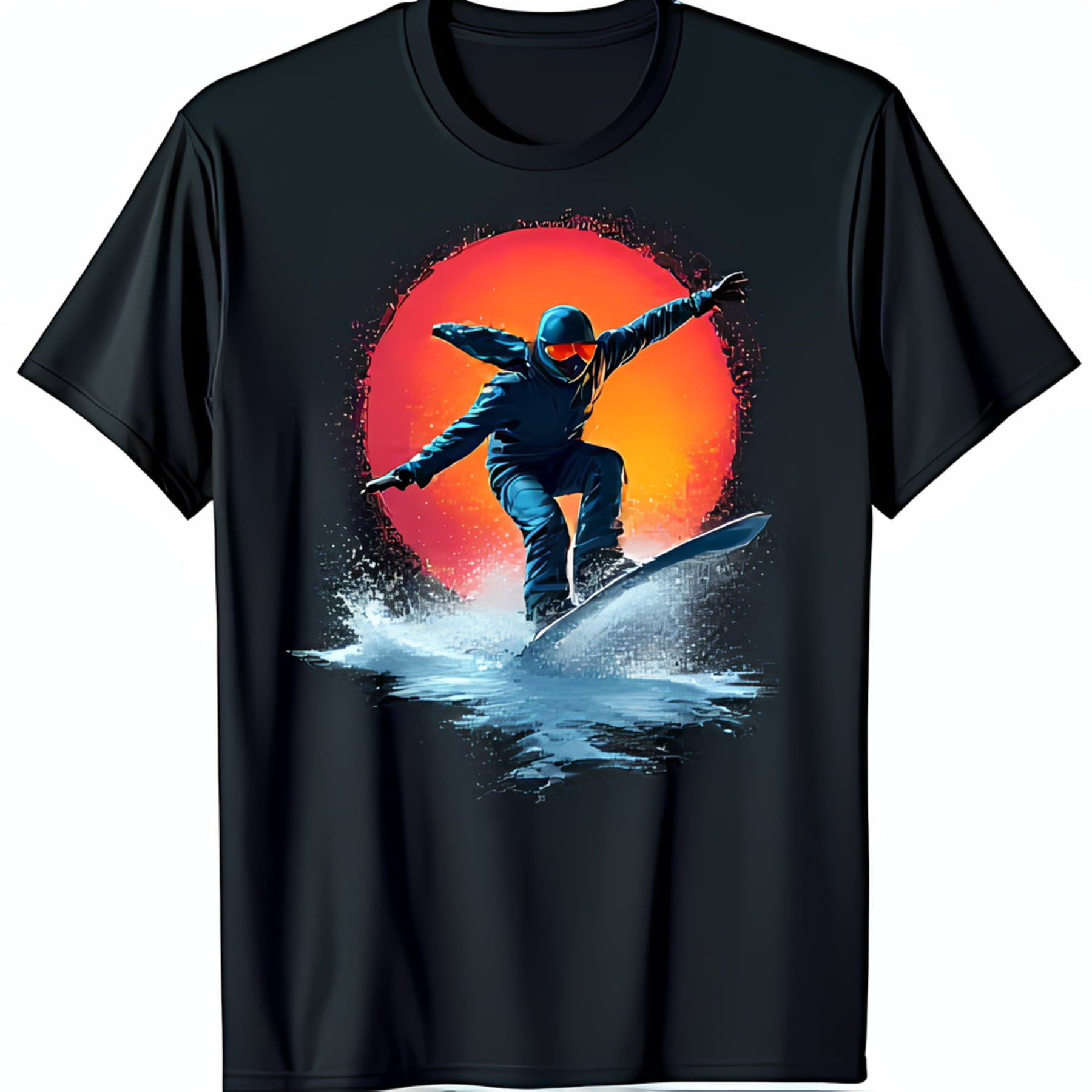 Bold Snowboarder Graphic T-Shirt Vibrant Sunset Design on Black Tee ...